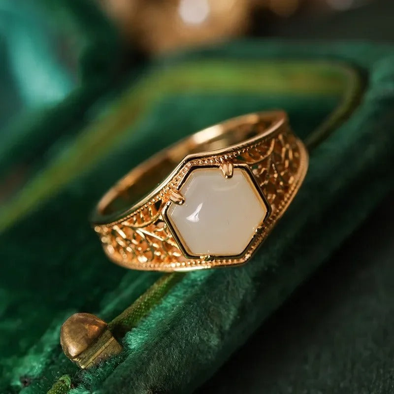 Vintage Gold & Hexagonal White Stone Filigree Adjustable Ring – Valeria Jewelry
